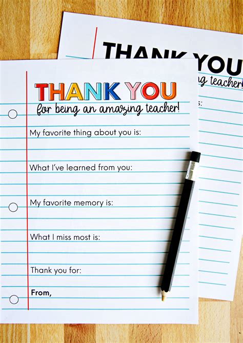 Teacher Appreciation Thank You Note Printable