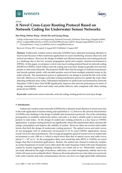Pdf A Novel Cross Layer Routing Protocol Based On Network Coding For Underwater Sensor Networks
