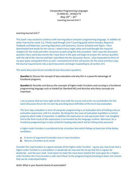 Unit 7 Cs4402 Lj Graded Quiz Comparative Programming Languages Cs
