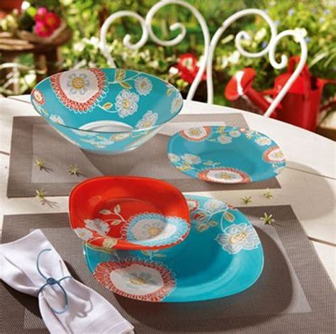 Luminarc Silene Unbreakable Tempered Glass 19 Pcs Dinnerware Set Blue And Red Colored Vintage