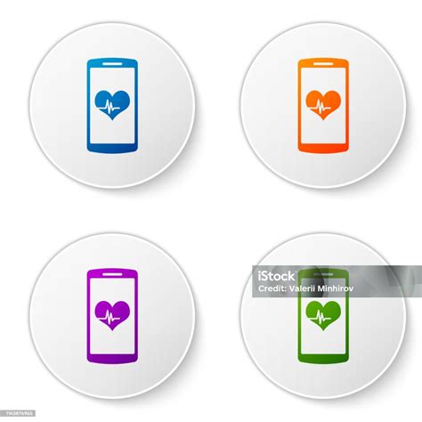 흰색 배경에 고립 된 심장 박동 모니터 기능 아이콘이 있는 컬러 스마트폰 원 버튼의 색상 아이콘을 설정 합니다 벡터 일러스트 0명에 대한 스톡 벡터 아트 및 기타 이미지