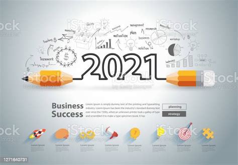 드로잉 차트에 창조적 인 연필 디자인 그래프 비즈니스 성공 전략 계획 아이디어 개념 새해 2021 달력 표지 벡터 일러스트 현대
