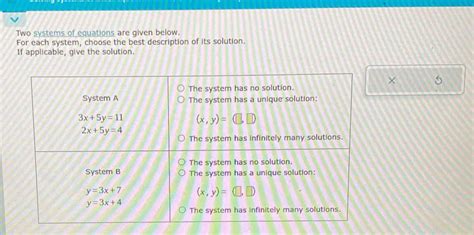 Solved Two Systems Of Equations Are Given Below For Each System Choose The Best Description