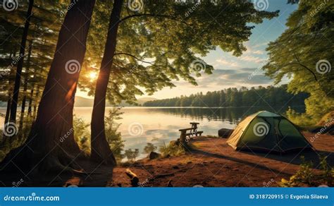 Lakeside Campsite With Cozy Tent Under Tall Trees Serene Water