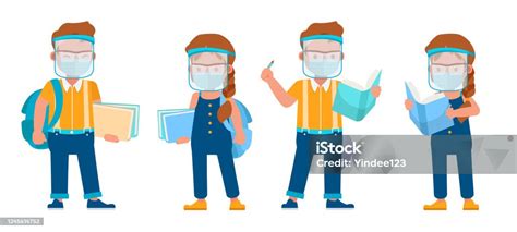 의료 용 마스크와 얼굴 방패 캐릭터 벡터 디자인을 착용 하는 어린이 세트입니다 감정과 다양한 행동에 프리젠 테이션 개념에 대한 스톡 벡터 아트 및 기타 이미지 Istock