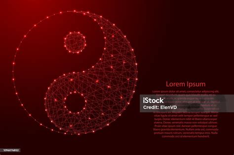 음과 양 심볼 보편성과 미래 다각형 빨간 라인 및 배너 포스터 인사말 카드에 대 한 빛나는 별에서 세력의 이중성의 조화 벡터 일러스트입니다 0명에 대한 스톡 벡터 아트 및