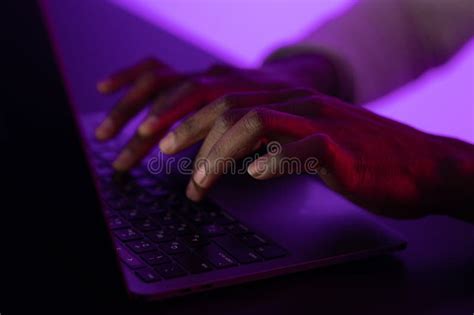 Male Hands Typing On The Notebook Keyboard African American Man