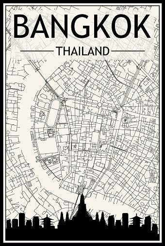 손으로 그린 파노라마 도시 스카이 라인 포스터와 Bangkok 태국의 다운타운 거리 네트워크 거리에 대한 스톡 벡터 아트 및 기타 이미지 Istock