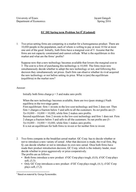 EC202 Problem Set 17 Solutions University Of Essex Jayant Ganguli Department Of Economics