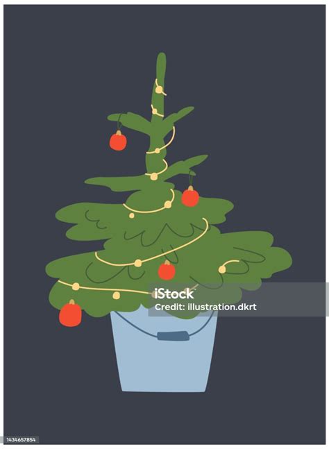 장식 장난감 및 크리스마스 조명이있는 양동이에 작은 크리스마스 트리 크리스마스를 위한 평면 디자인 12월에 대한 스톡 벡터 아트 및 기타 이미지 Istock