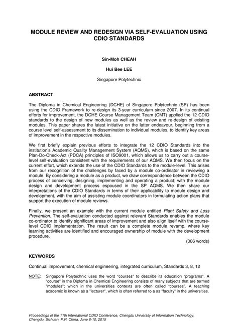 Pdf Module Review And Redesign Via Self Evaluation Using Cdio Standards