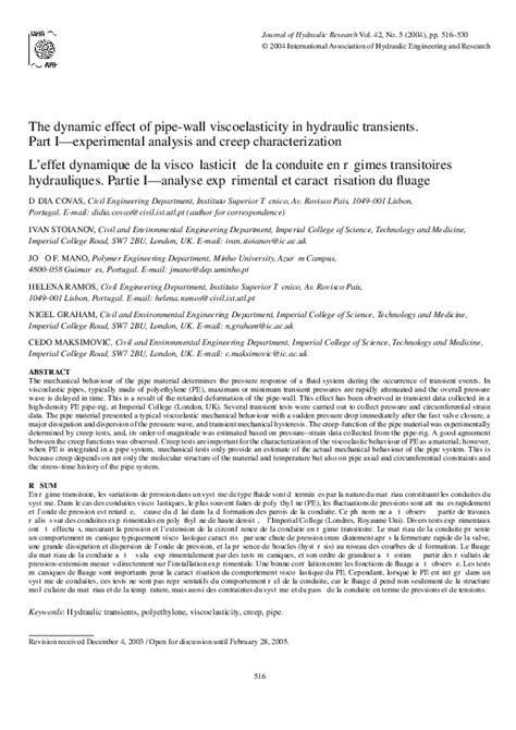Pdf The Dynamic Effect Of Pipe Wall Viscoelasticity In Hydraulic Transients Part I