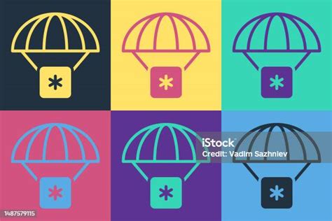 팝 아트 인도주의적 원조 아이콘은 컬러 배경에 분리되어 있다 의료화물은 낙하산으로 접근하기 어려운 곳으로 내려갑니다 벡터 개념에 대한 스톡 벡터 아트 및 기타 이미지