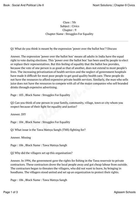 NCERT Solutions Class Social Science Civics Chapter Struggles For Equality