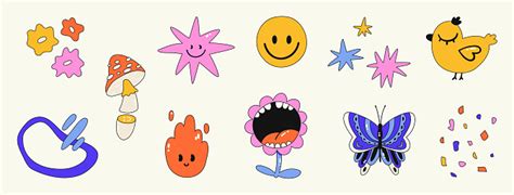 다양한 재미있는 스티커 패치 핀 세트 아이콘 모음 버섯 나비 꽃 불꽃 손으로 그린 트렌디 한 벡터 일러스트레이션 만화 스타일 모든 요소가 격리됩니다 1990 1999 년에