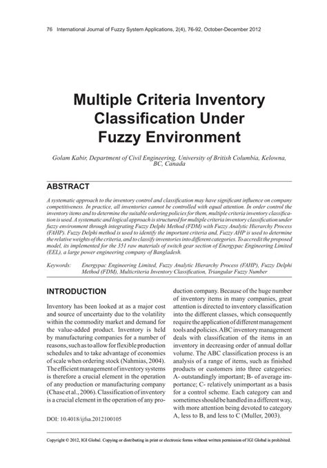 pdf multiple criteria inventory classification under fuzzy environment
