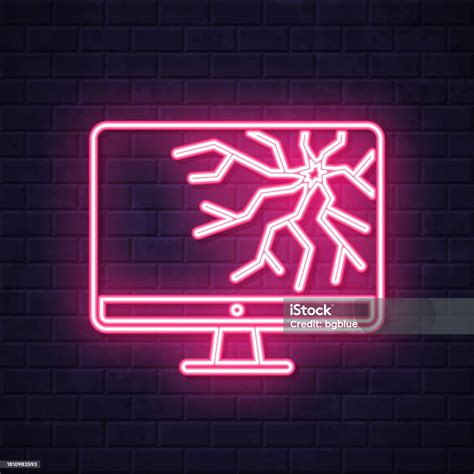 화면이 깨진 데스크톱 컴퓨터 벽돌 벽 배경에 빛나는 네온 아이콘 불타는 듯한에 대한 스톡 벡터 아트 및 기타 이미지 불타는 듯한 텔레비전 개념 Istock