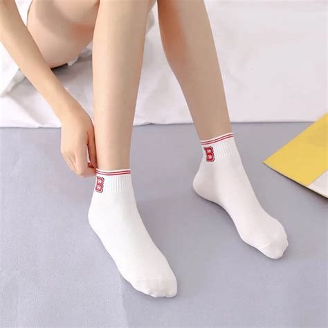 Fennasi 5 Pairs Women Summer Letter Striped White Short Socks Girl