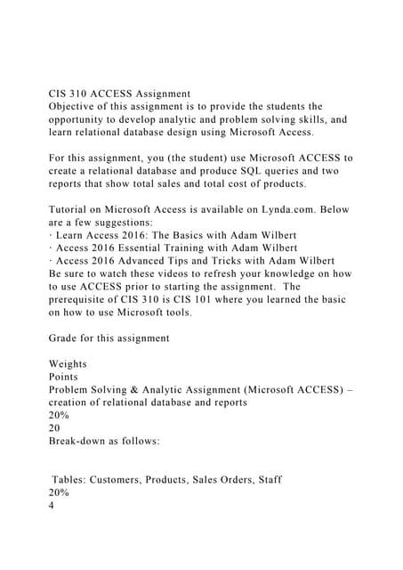 Cis 310 Access Assignmentobjective Of This Assignment Is To Prdocx