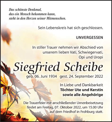Traueranzeigen Von Siegfried Scheibe Trauer Anzeigen De