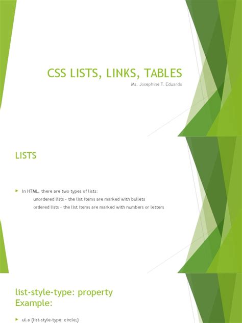 Css Lists Links Tables Ms Josephine T Eduardo Pdf Html Element Hypertext Transfer