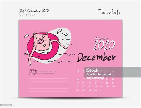귀여운 돼지 벡터 일러스트레이션 12 월 중국 책상 달력 2020 레터링 달력 손으로 그린 돼지 만화와 달력 2020 템플릿 엽서 기프트 카드 배너 포스터 전단지에 사용할