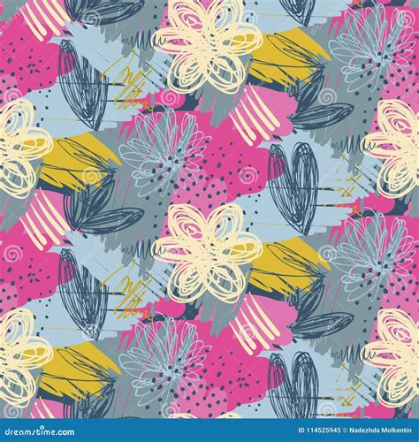 Seamless Pattern With Hand Drawn Abstract Ink Texture And Floral Nature Motif Stock Vector