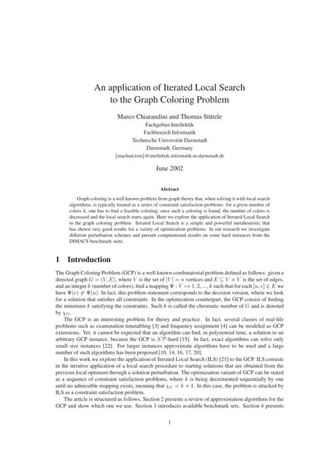 Pdf An Application Of Iterated Local Search To Graph Coloring Problem