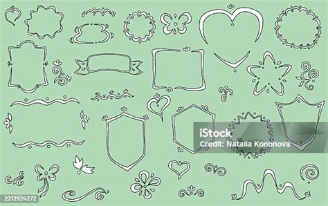 곡선과 흰색 채우기 녹색 배경에 손으로 그린 낙서와 프레임 세트 하트 모양 사각형 프레임 육각형 별 모양 방패 리본 라벨 꽃 라벨 개념에 대한 스톡 벡터 아트 및 기타