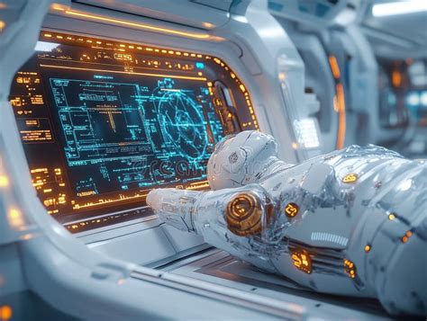futuristic humanoid robot in high tech laboratory environment stock