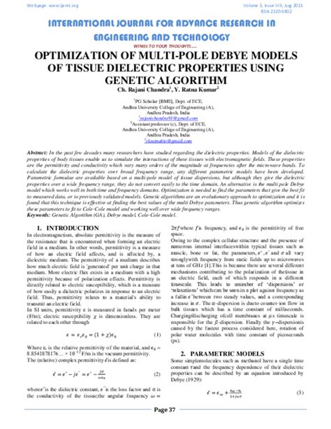 Pdf Optimization Of Multi Pole Debye Models Of Tissue Dielectric Properties Using Genetic