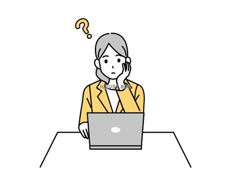 無料イラスト パソコンの前で考えるスーツ姿の女性