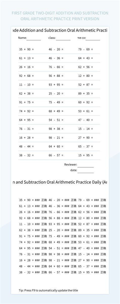 First Grade Two Digit Addition And Subtraction Oral Arithmetic Practice