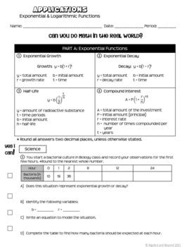 Exponential And Logarithmic Functions Real World Applications TPT