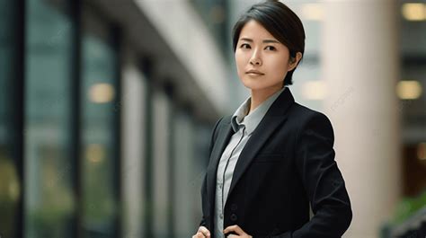 사무실 앞에서 그녀의 주머니에 그녀의 손으로 포즈를 취하는 파란색 코트에 아시아 비즈니스 우먼 양복을 입은 여자 좋은 포즈 Hd 사진 사진 드레스 셔츠 배경 일러스트