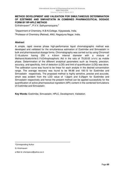 Pdf Method Development And Validation For Simultaneous Determination Of Ezetimibe And