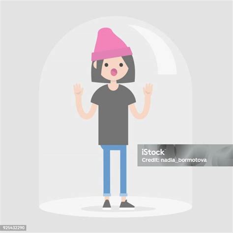 젊은 여성 캐릭터에 대 한 도움말 호출 유리 돔 아래 갇혀 평면 편집 가능한 벡터 일러스트 레이 션 클립 아트 갇힌에 대한 스톡 벡터 아트 및 기타 이미지 Istock