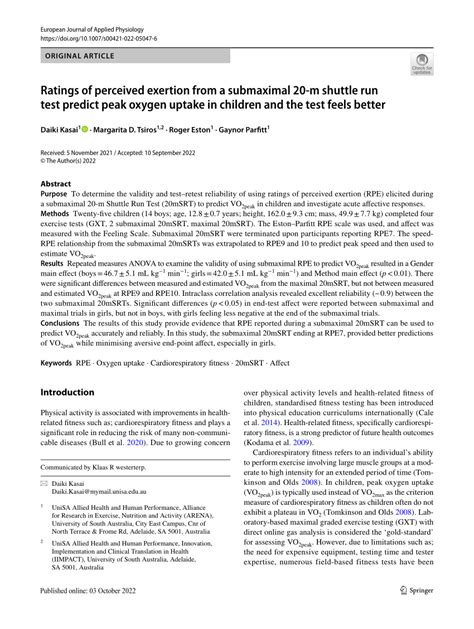 Pdf Ratings Of Perceived Exertion From A Submaximal 20 M Shuttle Run