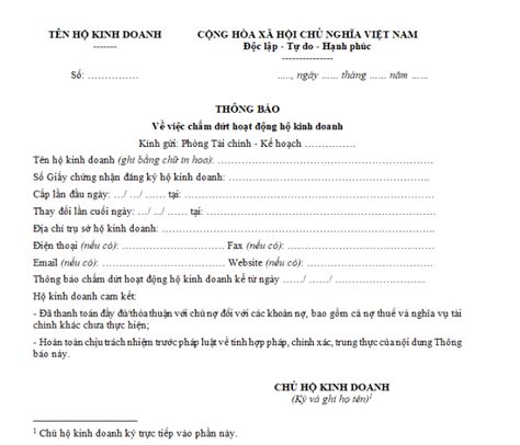 Mẫu thông báo về việc chấm dứt hoạt động hộ kinh doanh mới nhất 2023