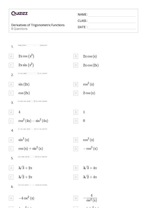 50 Derivatives Of Trigonometric Functions Worksheets For 11th Class On Quizizz Free And Printable