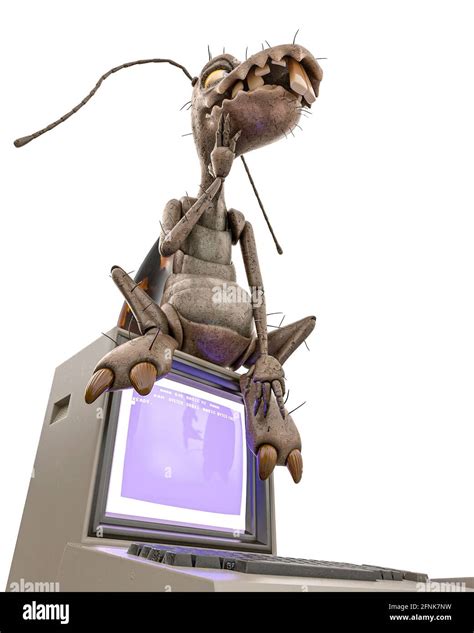 Cockroach Cartoon Is On The Vintage Personal Computer Bottom View 3d