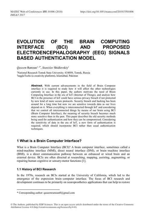 Pdf Evolution Of The Brain Computing Interface Bci And Proposed Electroencephalography Eeg