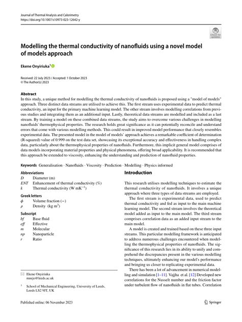 Pdf Modelling The Thermal Conductivity Of Nanofluids Using A Novel Model Of Models Approach