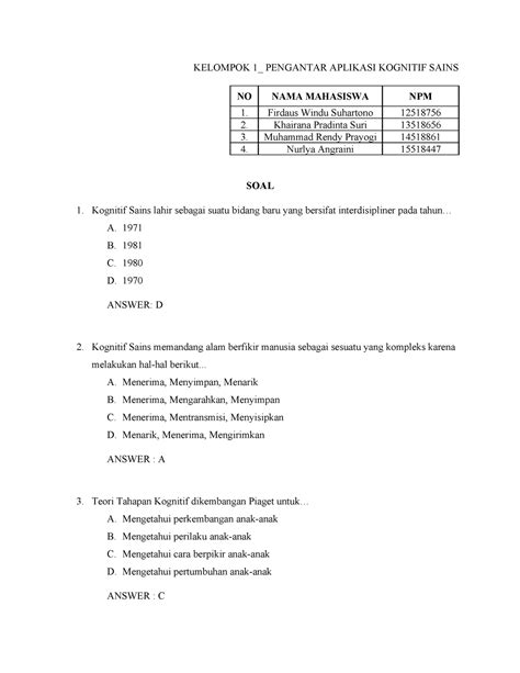 Kumpulan Soal Uts Aplikasi Kognitif Sains Dalam Ti Kelompok 1 Pengantar Aplikasi Kognitif