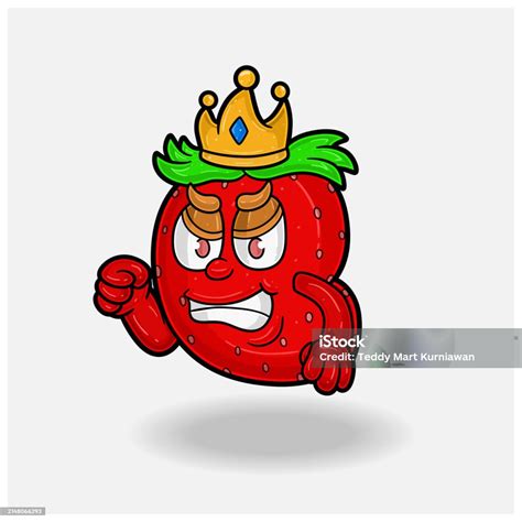 딸기 과일 왕관 마스코트 캐릭터 만화와 화난 표정 벡터 일러스트레이션 건강한 생활방식에 대한 스톡 벡터 아트 및 기타 이미지