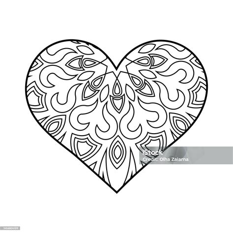 기하학적 패턴이 있는 벡터 심장 선형 그림 흰색에 만다라 장식의 윤곽을 그립니다 발렌타인 데이 색칠하기 0명에 대한 스톡 벡터 아트 및 기타 이미지 Istock