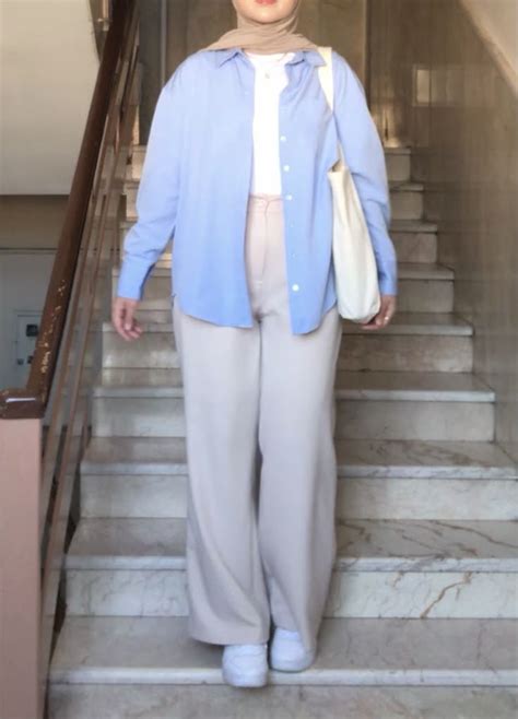 Beige Pants Blue Shirt Hijab Outfit Casual Outfits Stylish Outfits