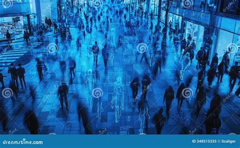 Facial And Body Recognition Of People Walking On Street Figures With Digital Data Concept Of