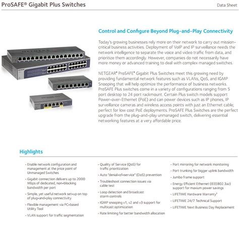 Netgear Gs Pe Prosafe Plus Port Gigabit Switch With Port Poe Pass Thru Gs Pe S