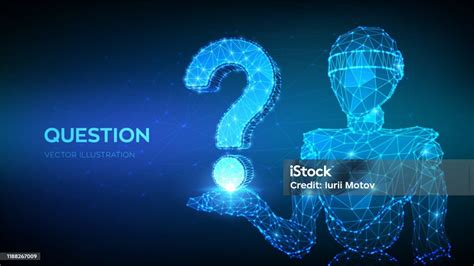 물음표 질문 기호를 들고 추상 3d 낮은 다각형 로봇 기호를 물어보십시오 도움말 지원 Faq 문제 교육 개념 혼란 검색 그림 또는 배경을 생각합니다 벡터 그림입니다 고급에